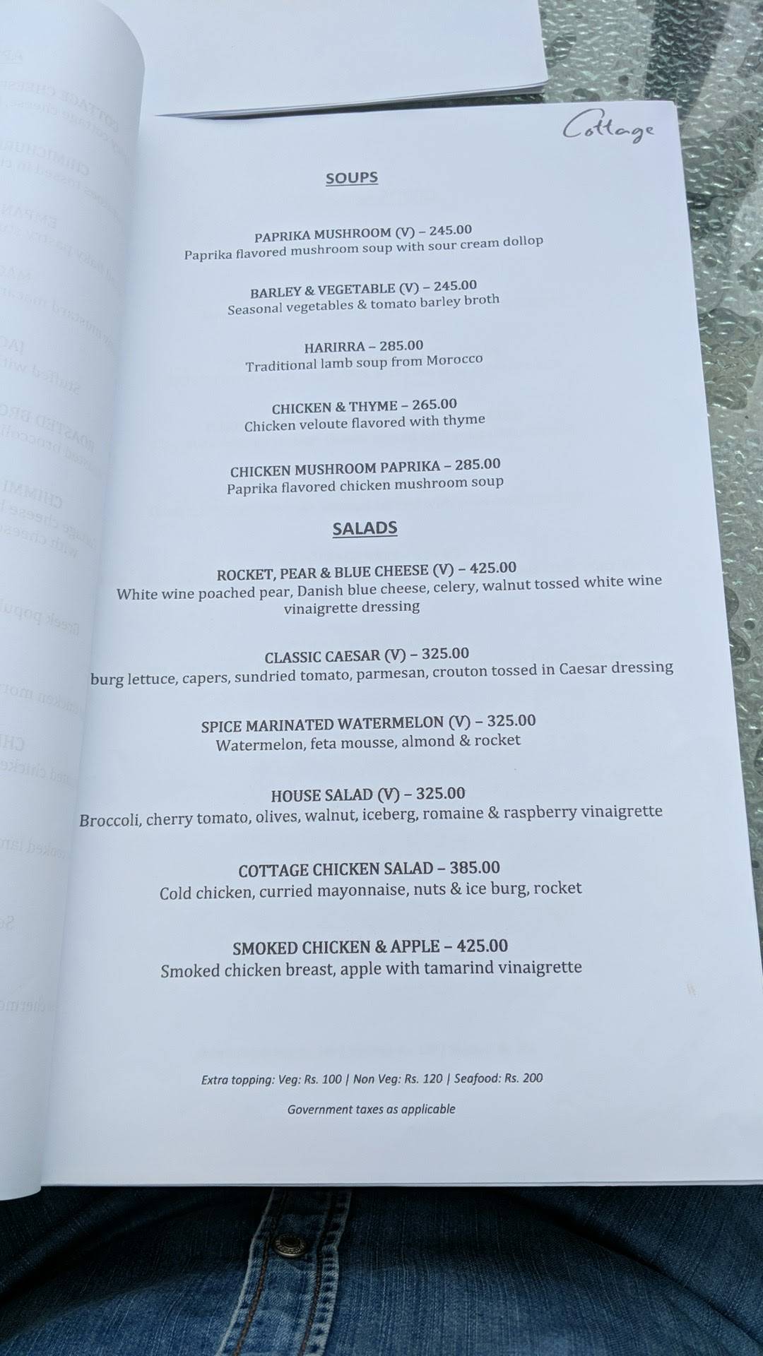 Menu at Cottage, Chandigarh, SCO 44
