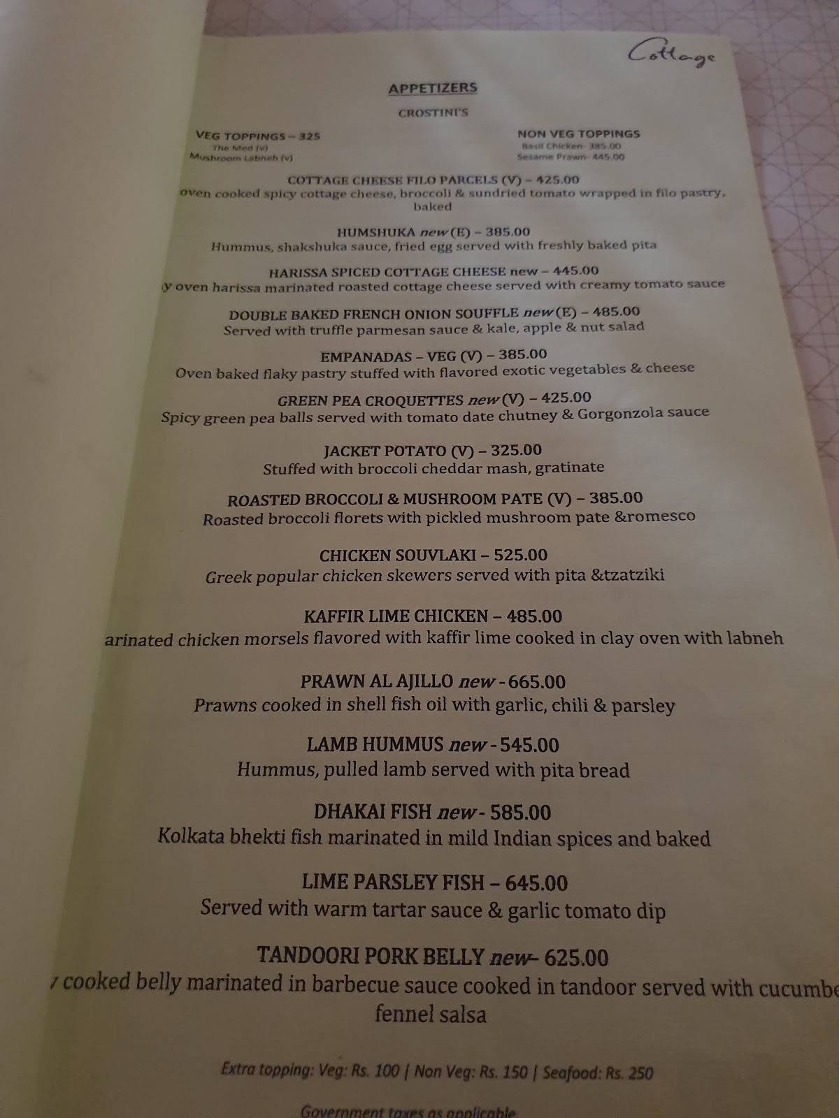 Menu at Cottage, Chandigarh, SCO 44