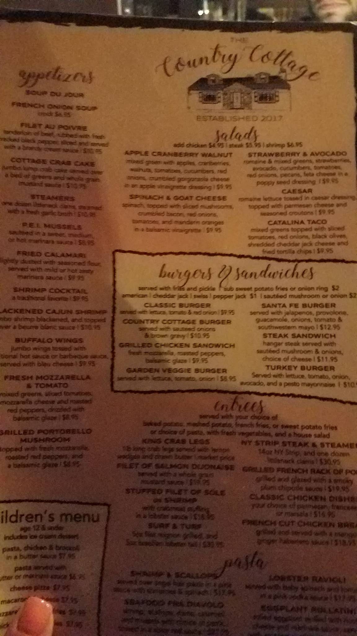 Menu at Country Cottage pub & bar, West Milford