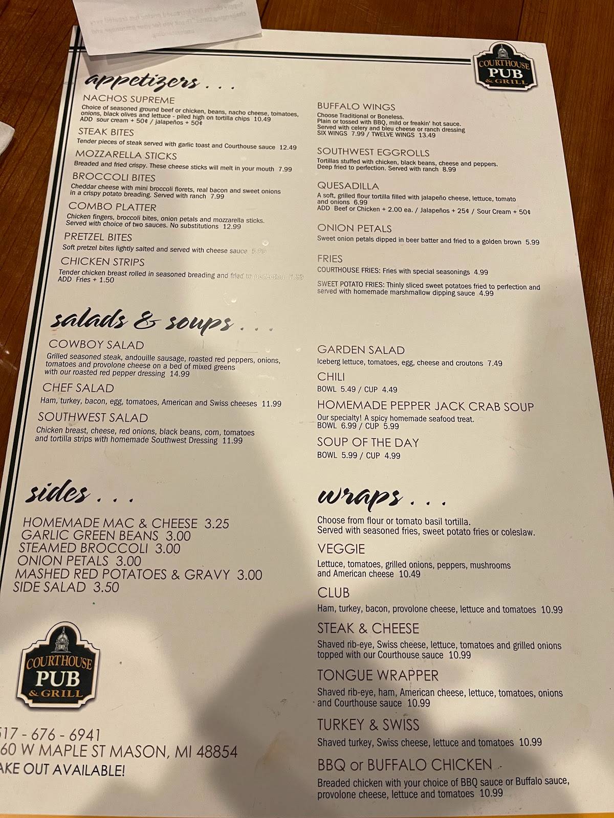 Menu at Courthouse Pub, Mason
