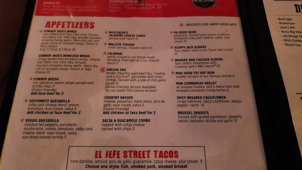 Menu at Cowboy Jack's pub & bar, New Brighton, Palmer Dr