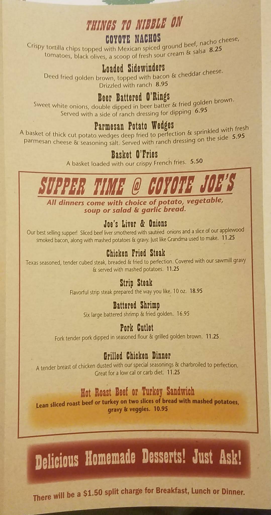 Menu at Coyote Joe's pub & bar, Willamina