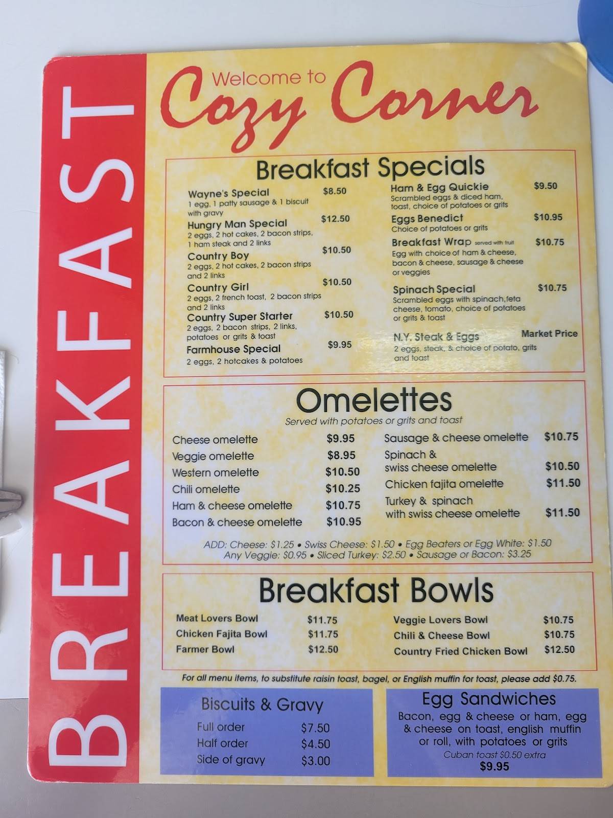 Menu at Cozy Corner restaurant, Miami Springs, 90 Westward Dr
