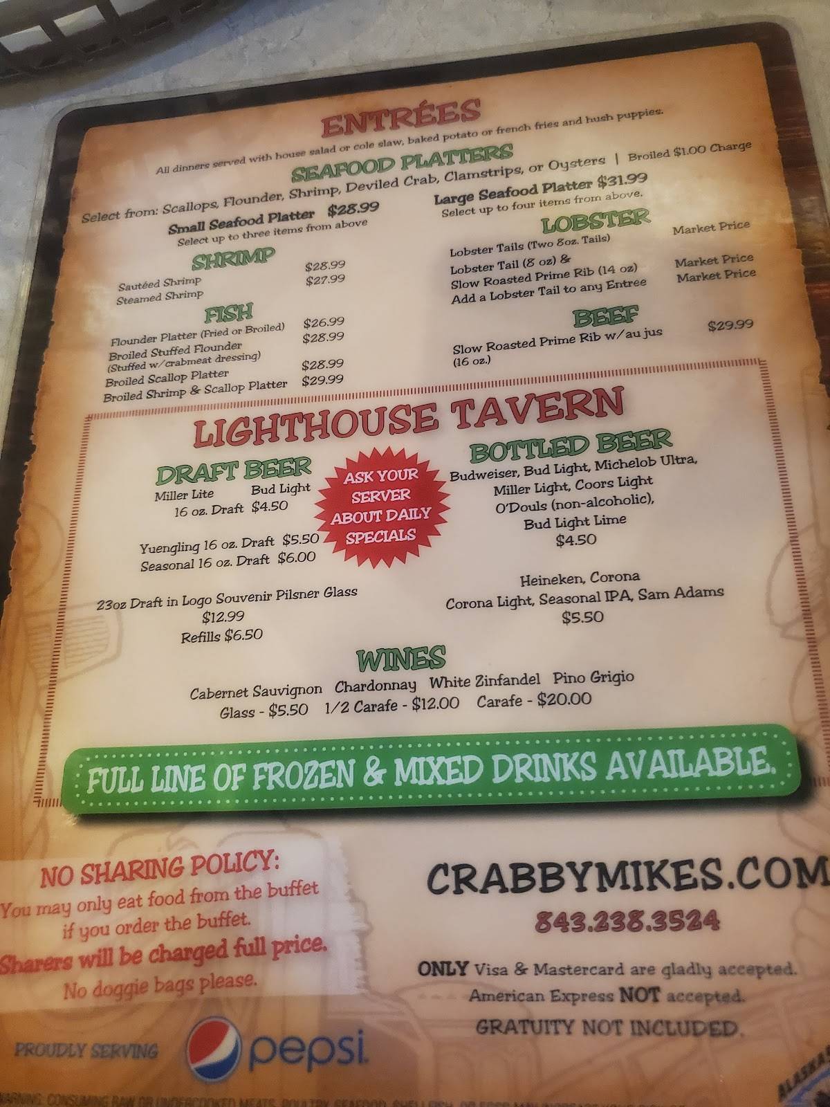 Menu at Crabby Mike's pub & bar, Surfside Beach
