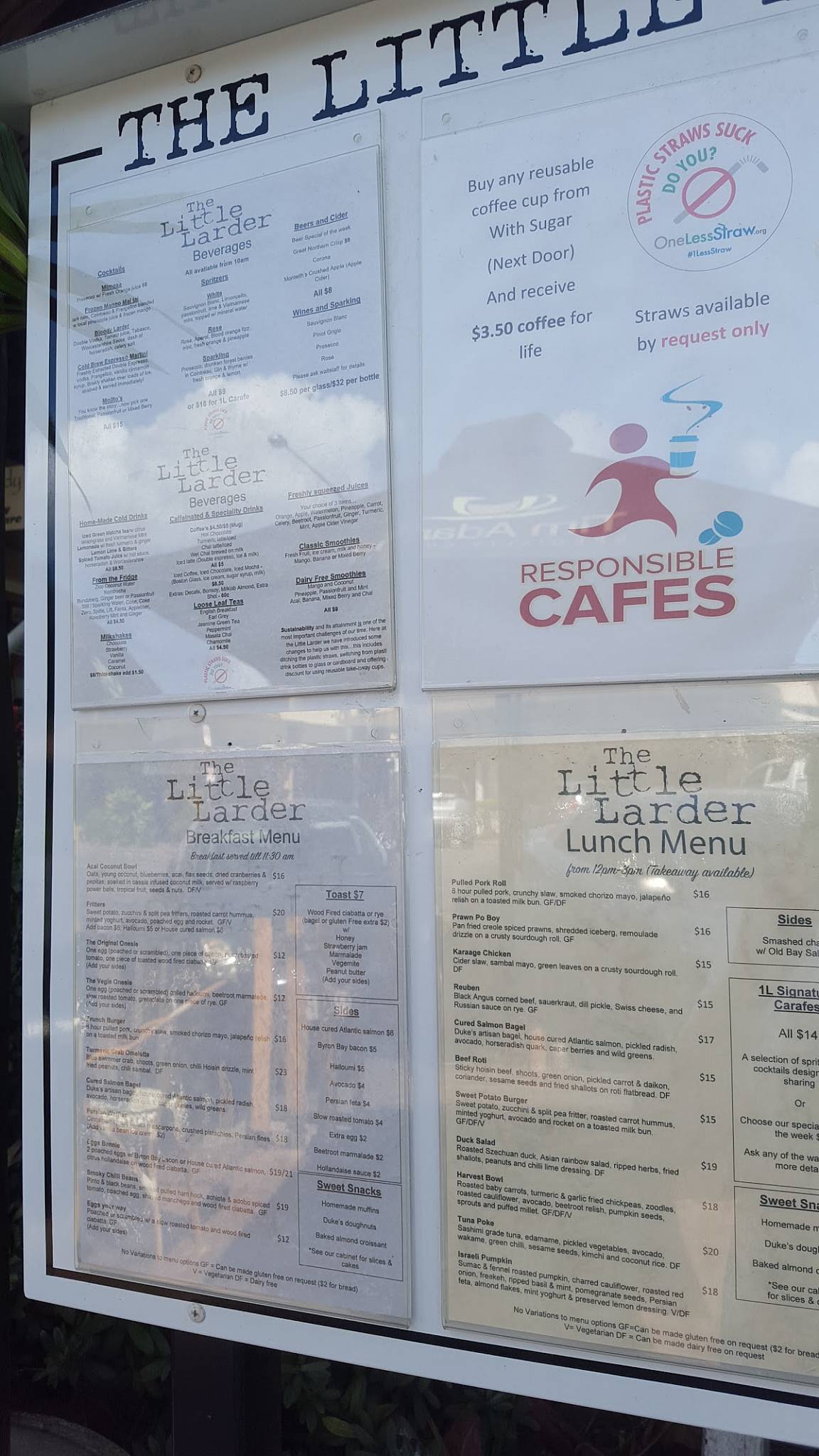 Menu at The Little Larder cafe, Port Douglas
