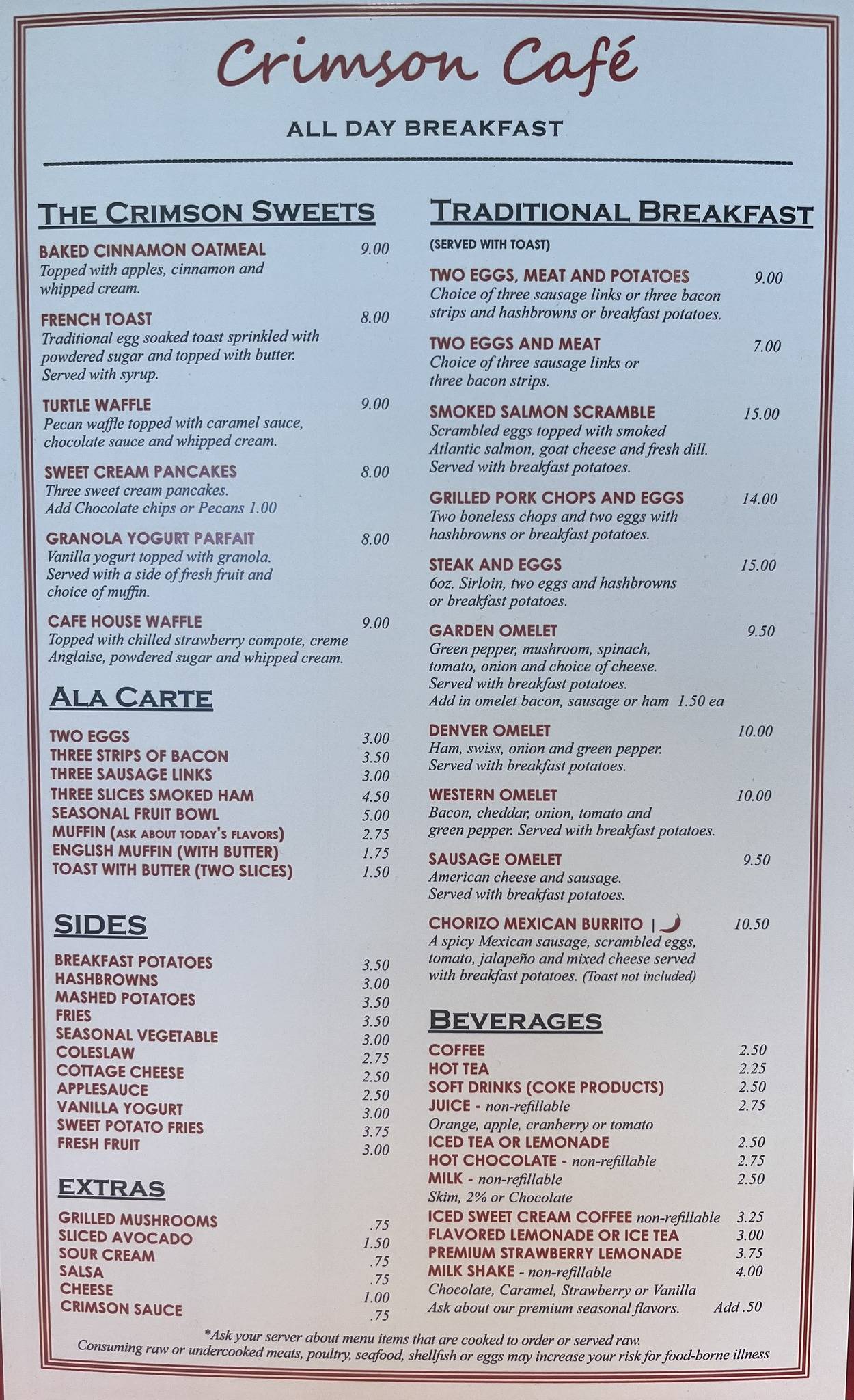 Menu at Crimson Cafe, Saint Joseph