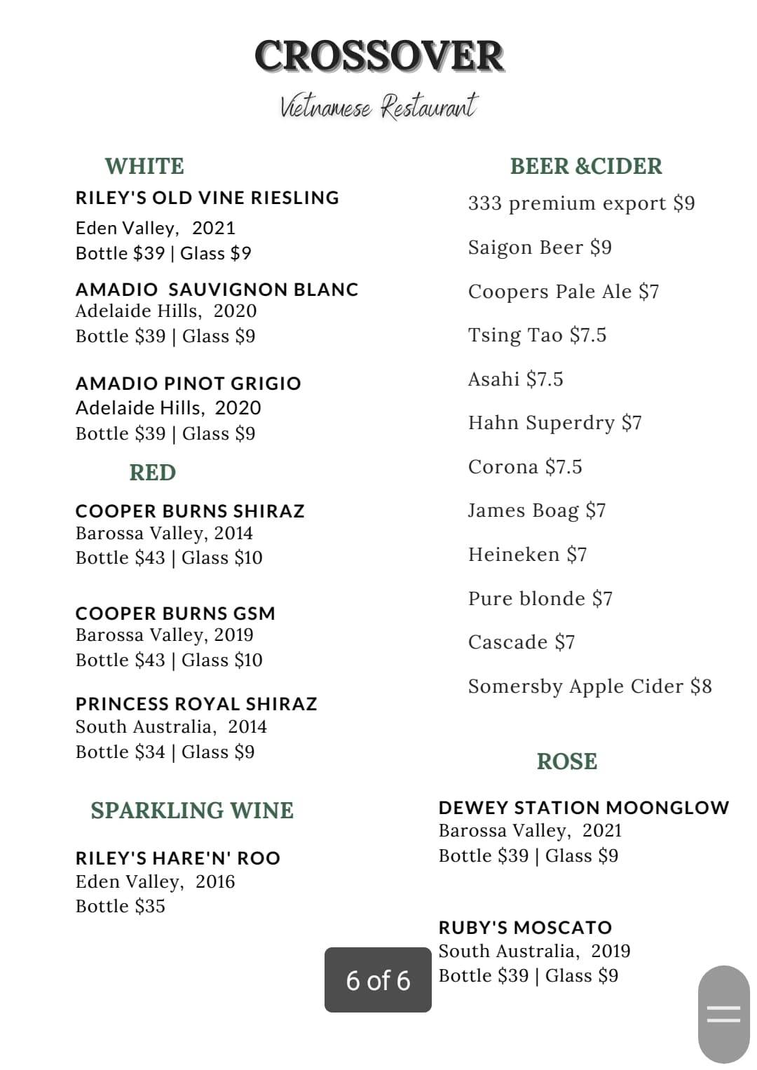 Menu at Crossover Vietnamese Restaurant, Torrensville