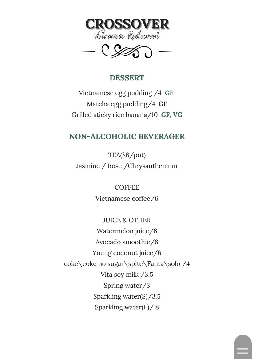 Menu at Crossover Vietnamese Restaurant, Torrensville