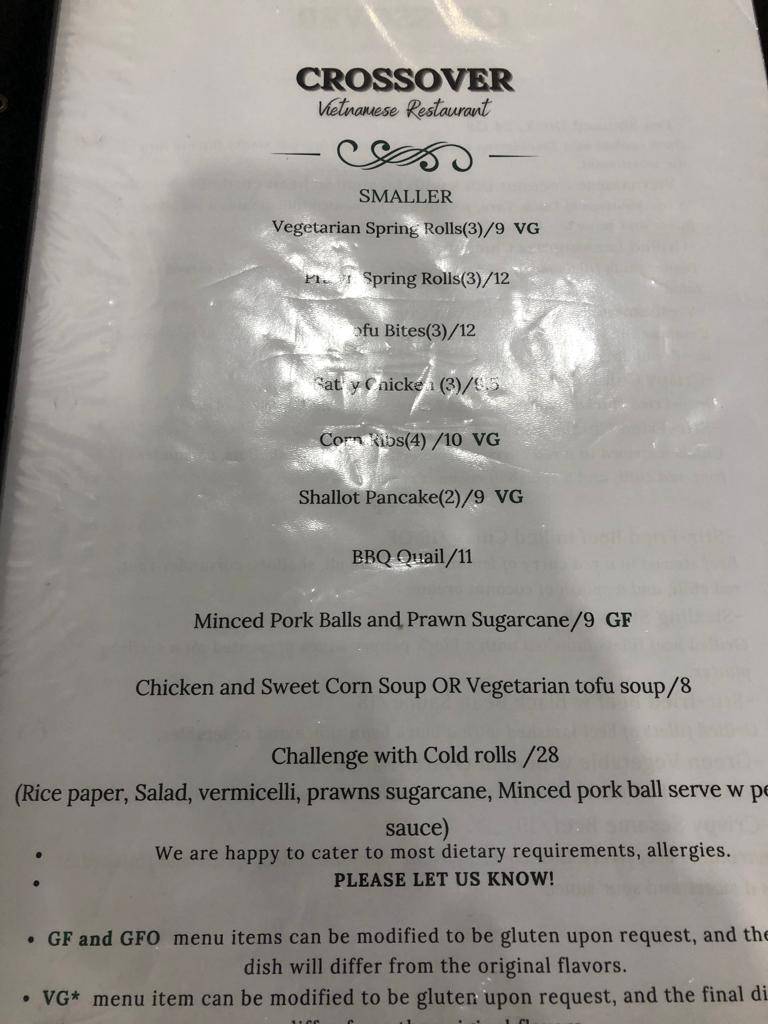 Menu at Crossover Vietnamese Restaurant, Torrensville