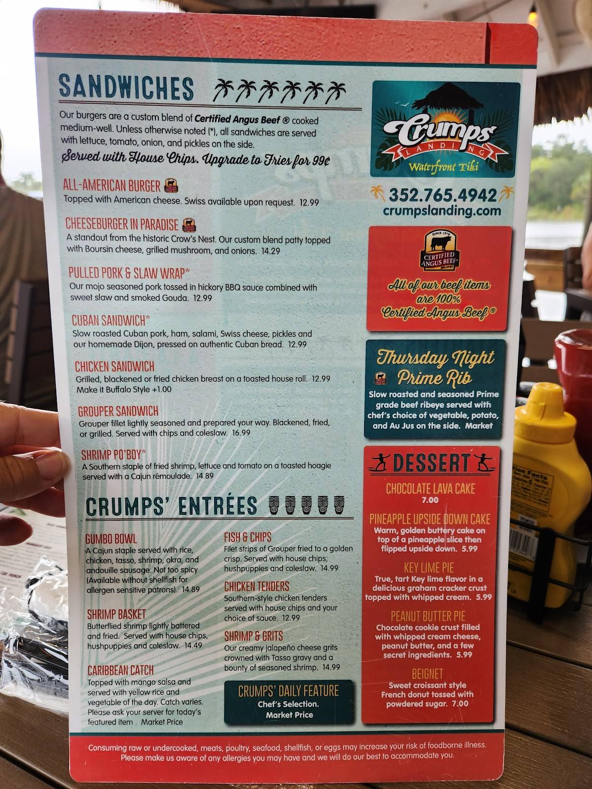 Menu at Crump's Landing pub & bar, Homosassa, W Halls River Rd