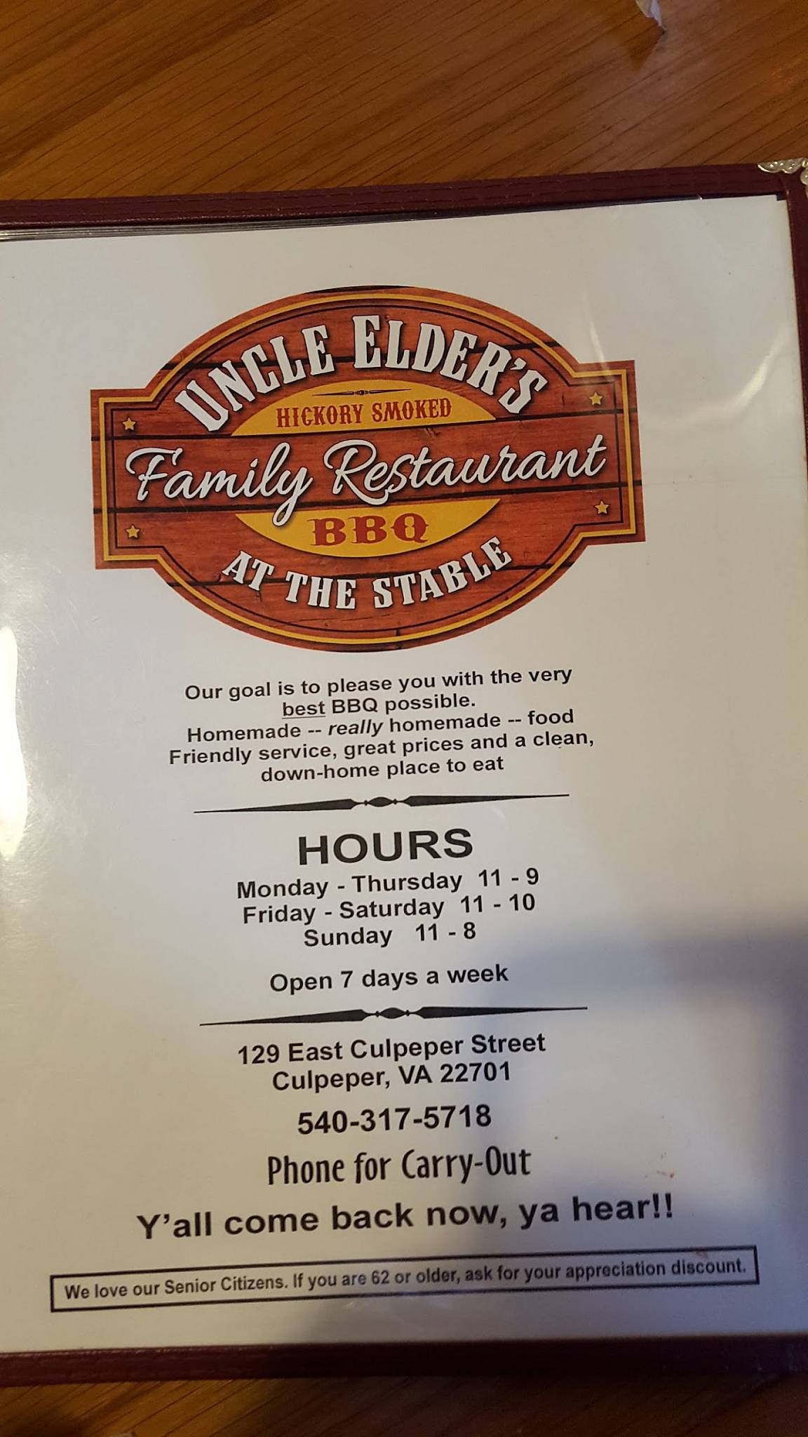 Menu at Uncle Elders Family Restaurant BBQ, Culpeper