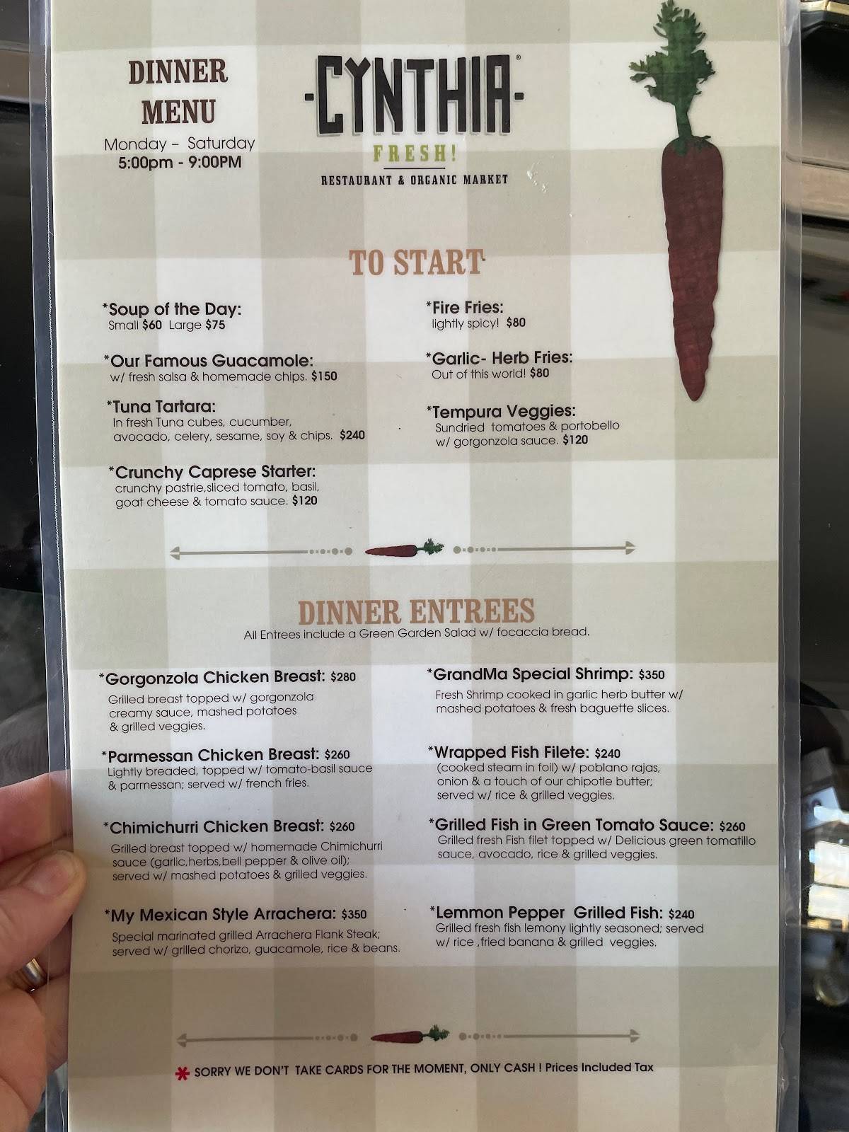 Menu at Cynthia Fresh restaurant, San José del Cabo