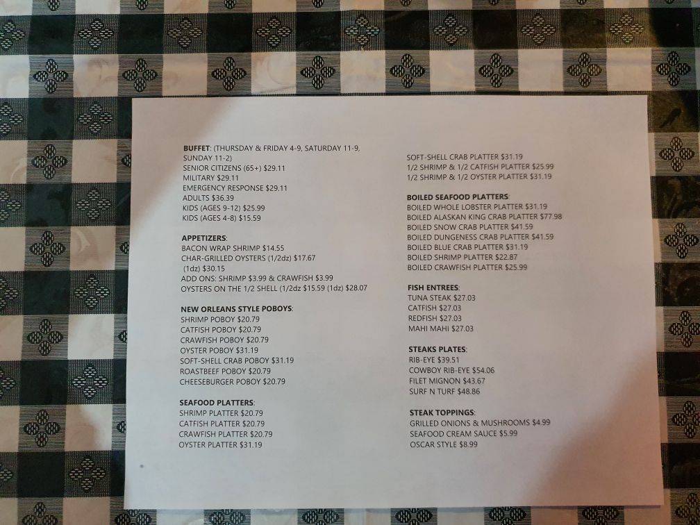 Menu at DA CAJUN SHACK - CAJUN BUFFET & OYSTER BAR, McComb