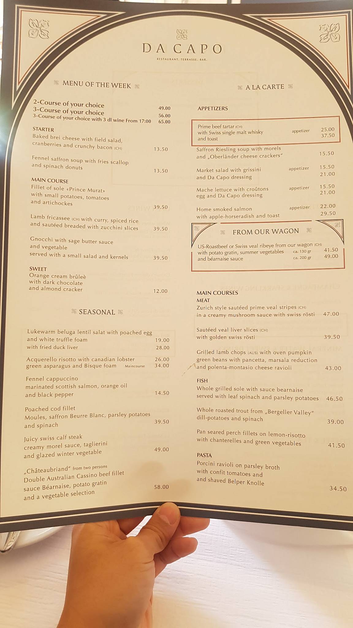 Speisekarte von Restaurant Da Capo, Zürich