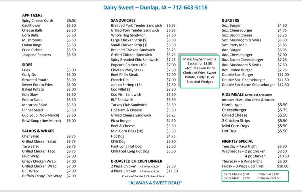 Menu at Dairy Sweet restaurant, Dunlap