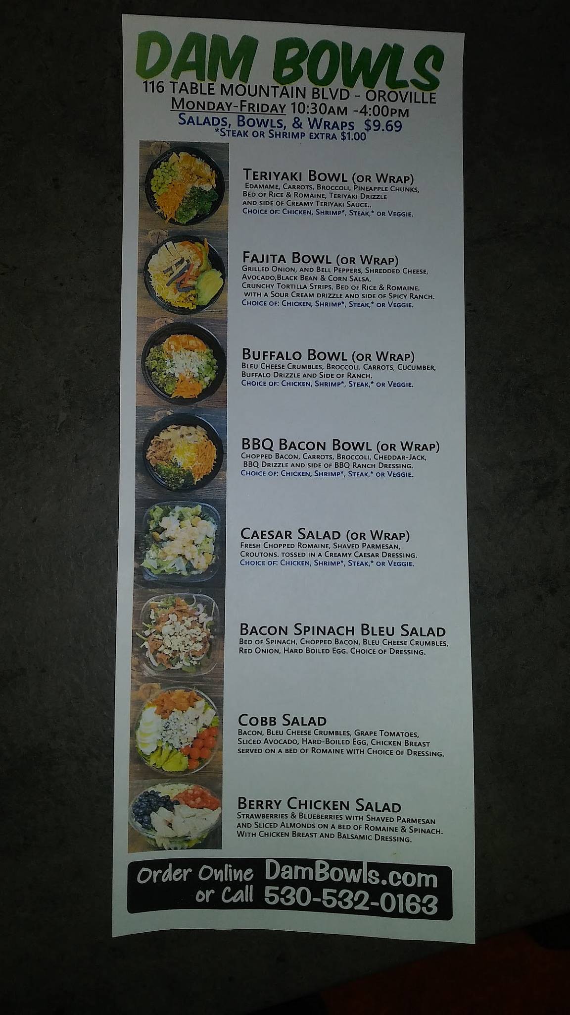 Menu at Dam Bowls Grill restaurant, Oroville