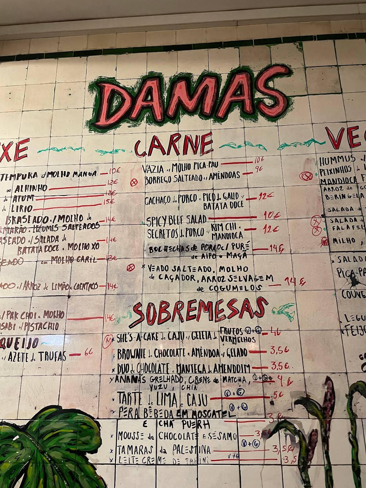 Menu at Damas restaurant, Lisbon, R. da Voz do Operário 60