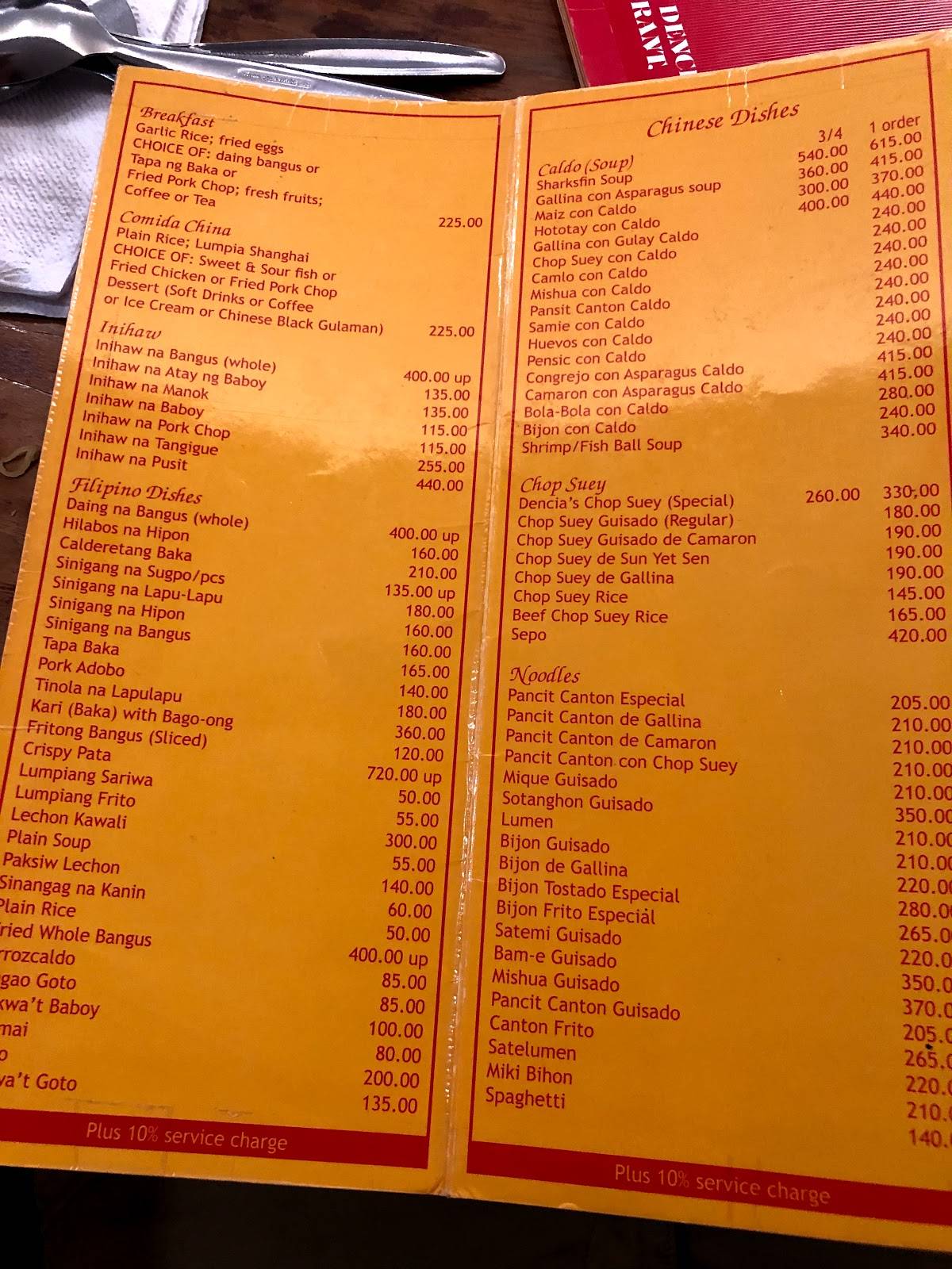 Menu at Davao Dencia's Restaurant, Davao City, General Luna St