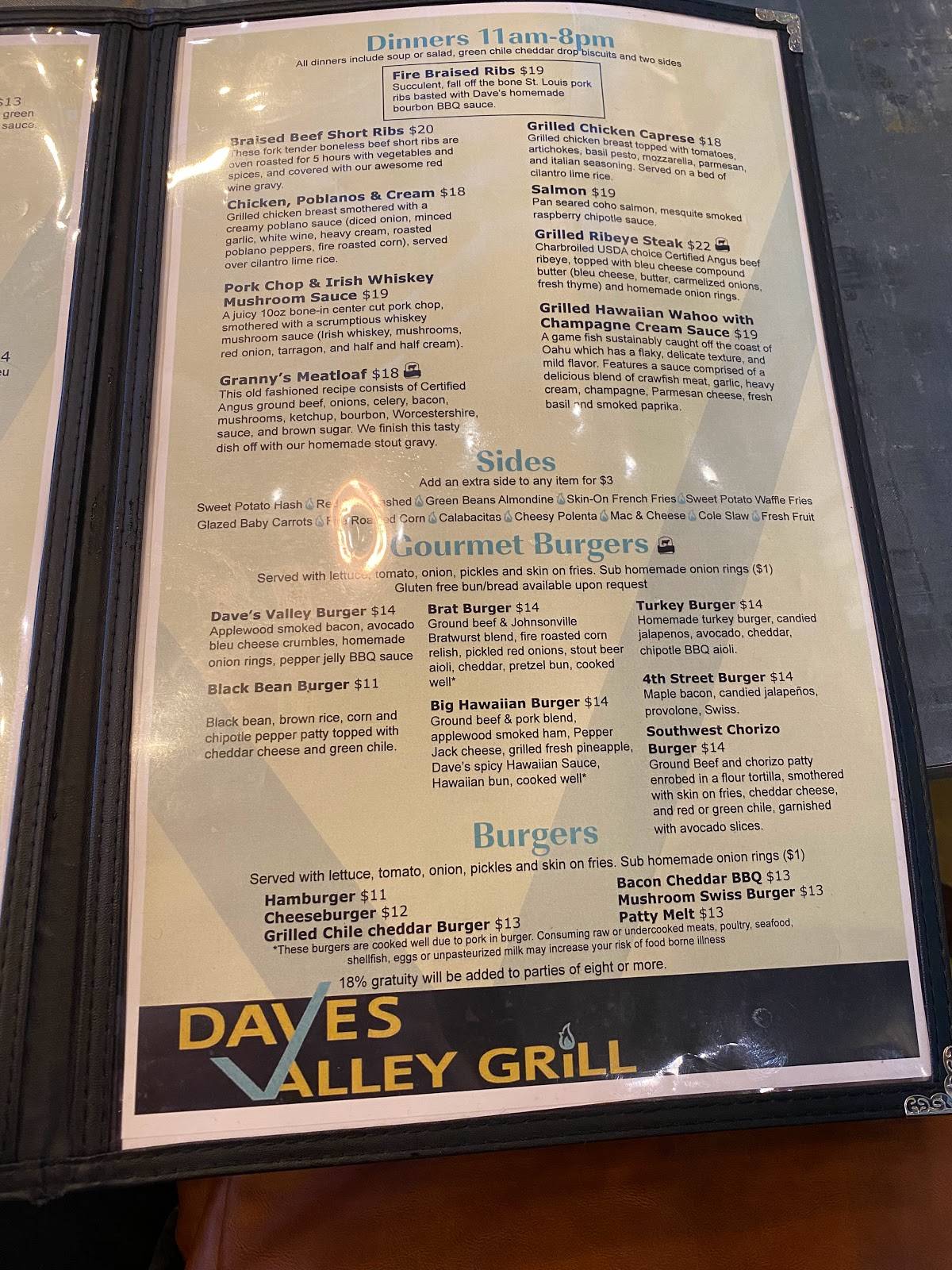 Menu at Dave's Valley Grill cafe, Los Ranchos de Albuquerque