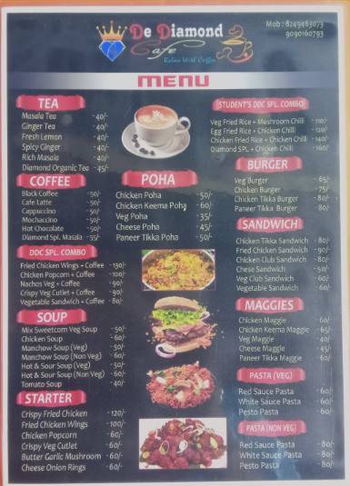 Menu at De Diamond Cafe, Brahmapur