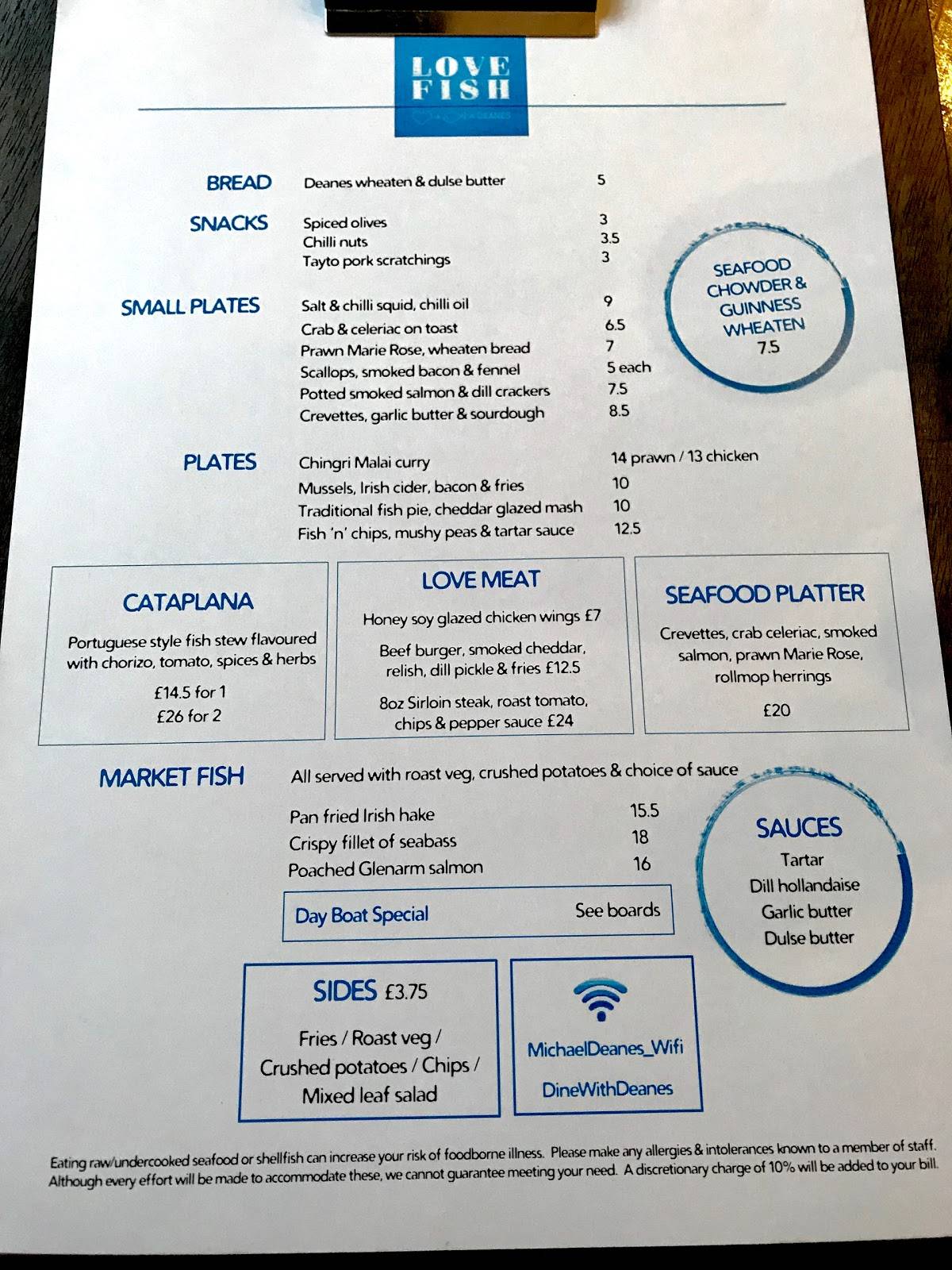 Menu at Deanes Meat Locker restaurant, Belfast