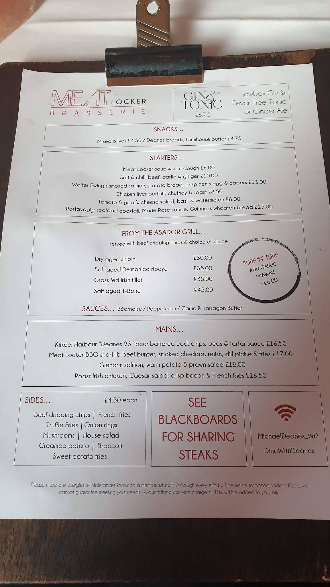 Menu at Deanes Meat Locker restaurant, Belfast