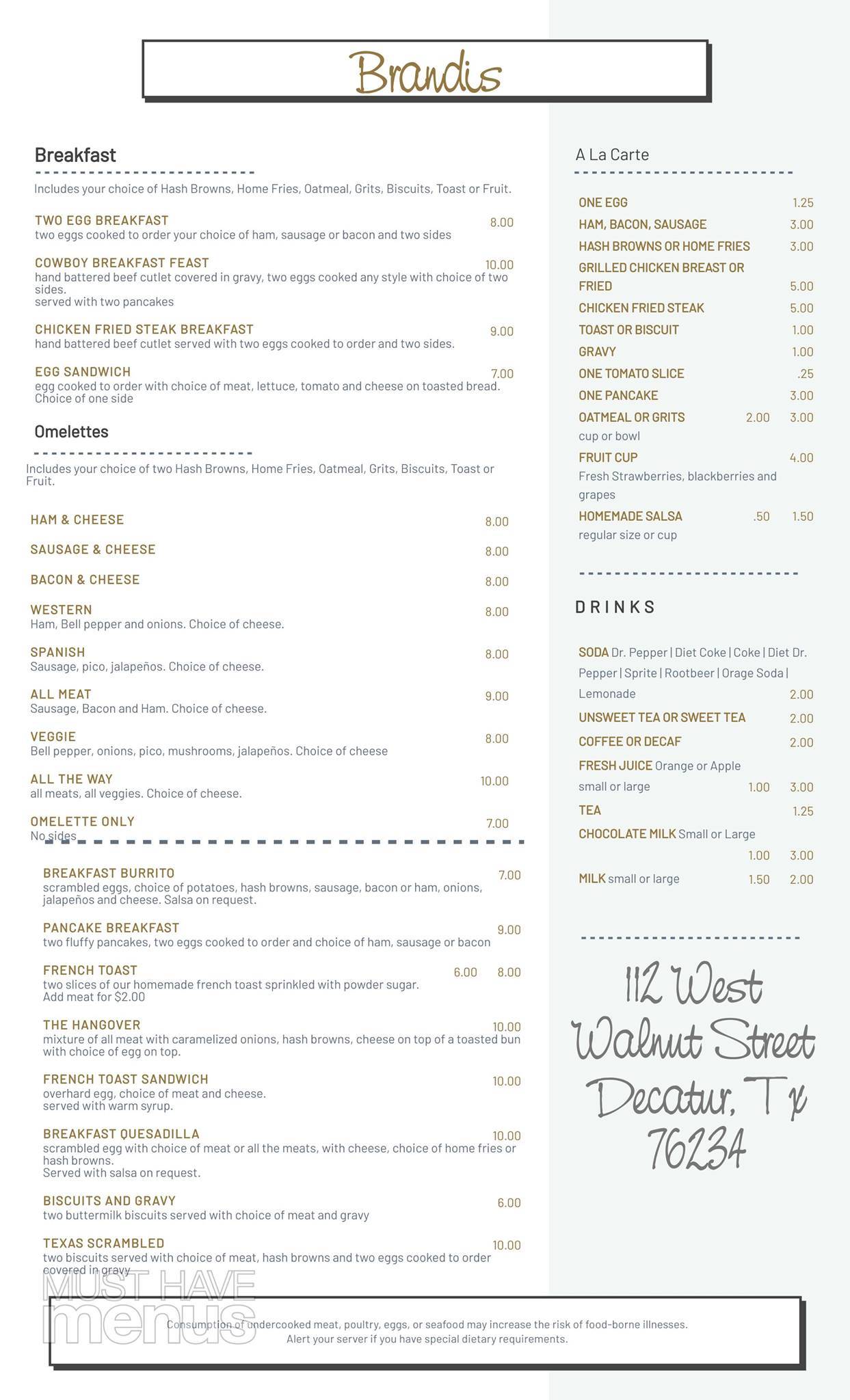 Menu at Brandi's Country Kitchen restaurant, Decatur, 112 W Walnut St