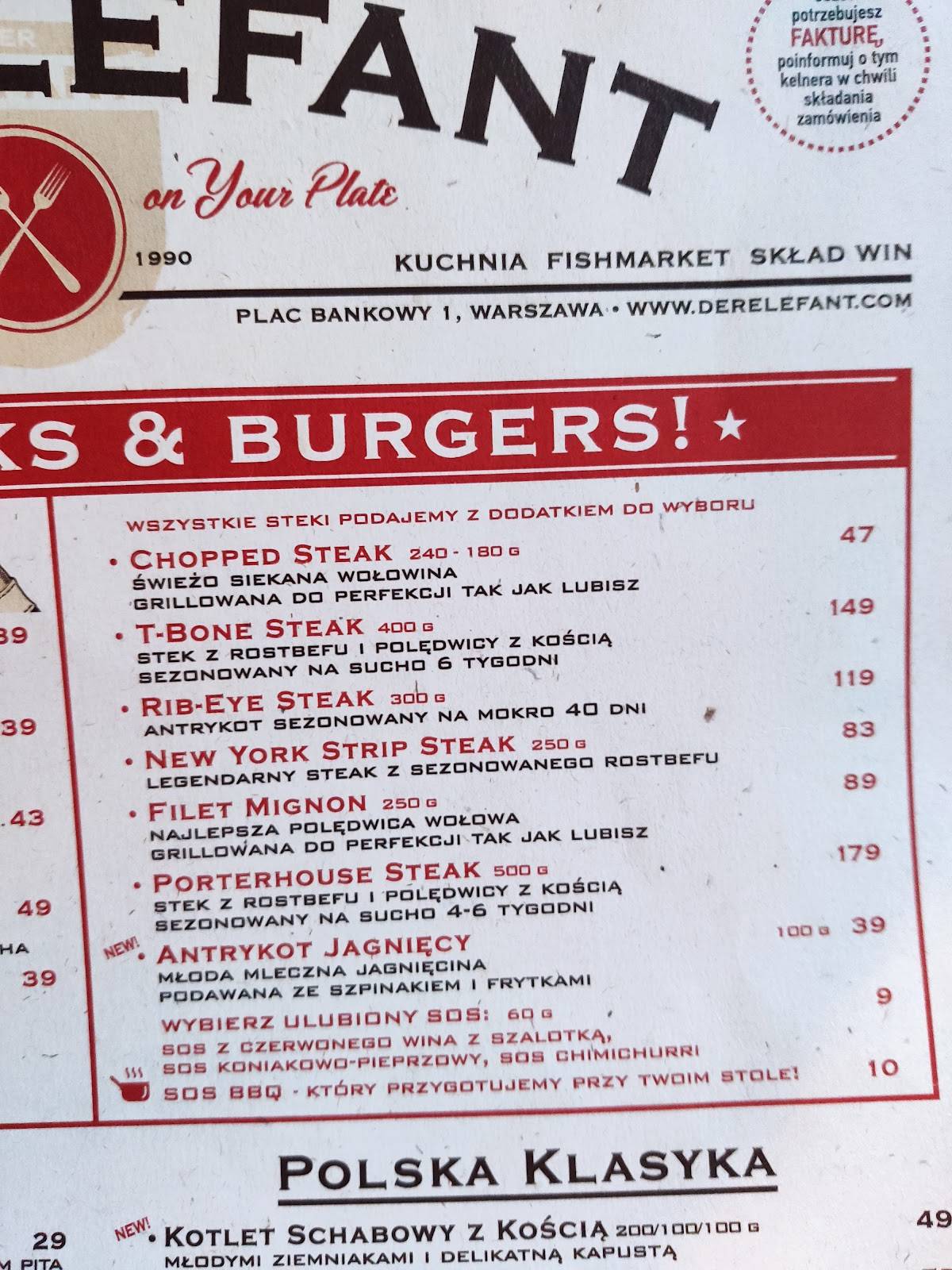 Menu at Der Elefant pub & bar, Warsaw