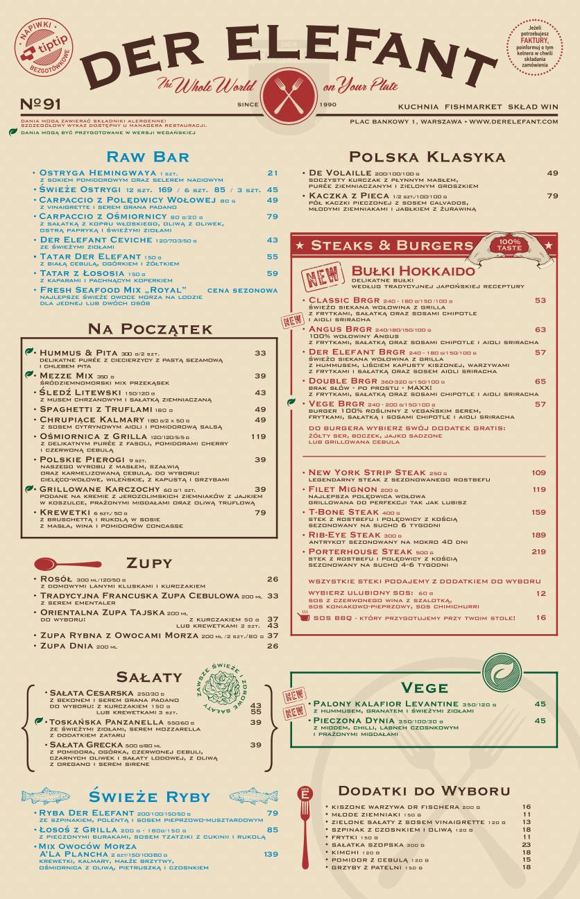 Menu at Der Elefant pub & bar, Warsaw