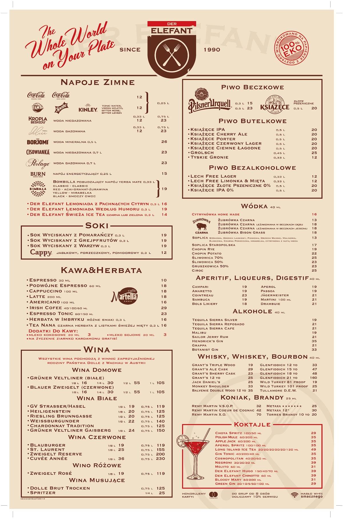 Menu at Der Elefant pub & bar, Warsaw