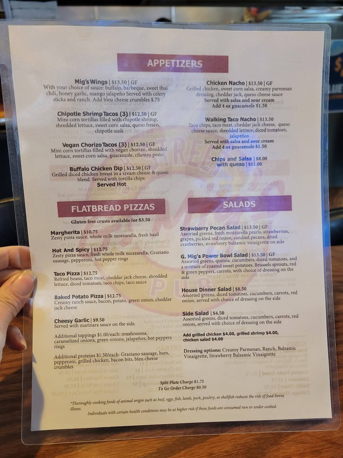 Menu at G Mig's 5th Street Pub, West Des Moines