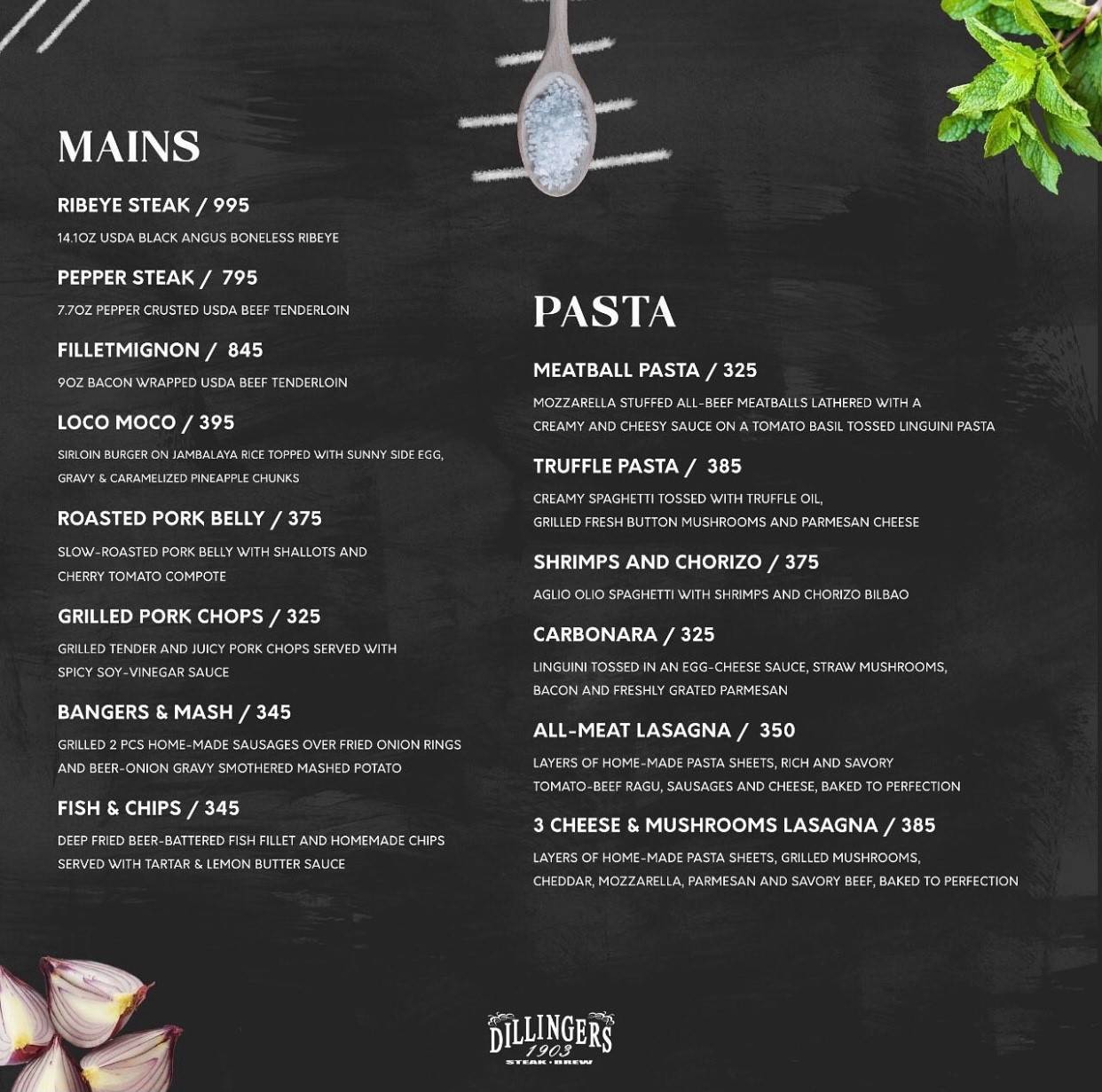Menu at Dillingers 1903 Steak and Brew pub & bar, Makati