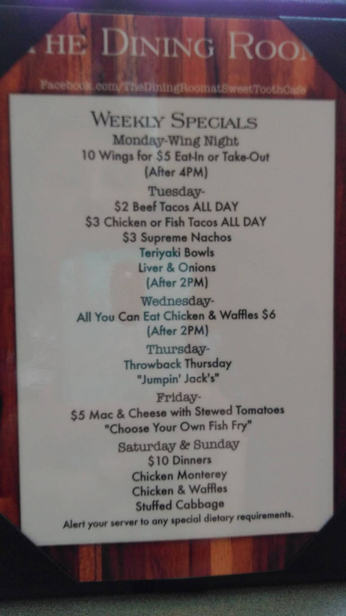 Menu at Dining Room at Sweet Tooth Cafe, Shamokin