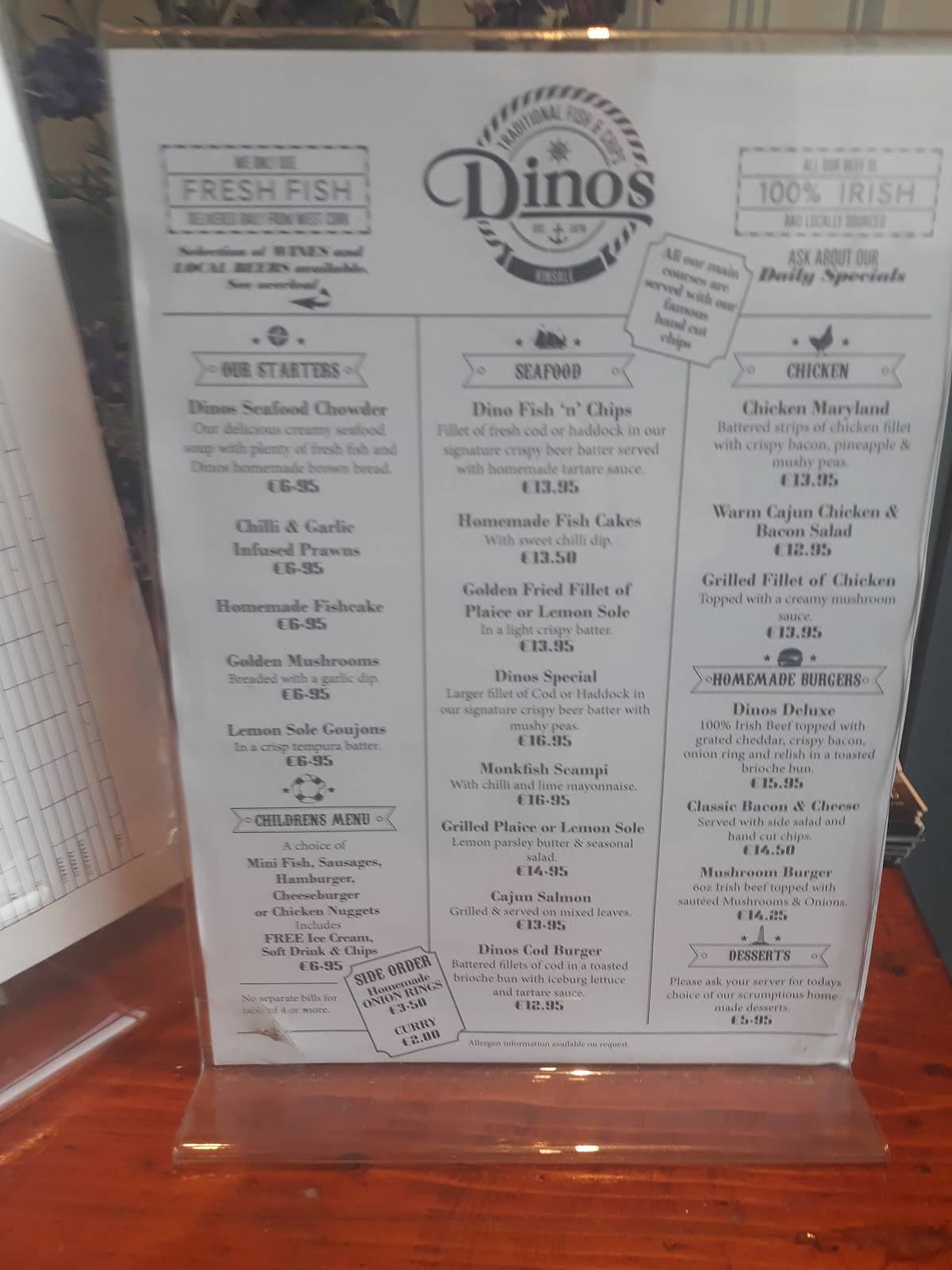 Menu at Dinos restaurant, Kinsale