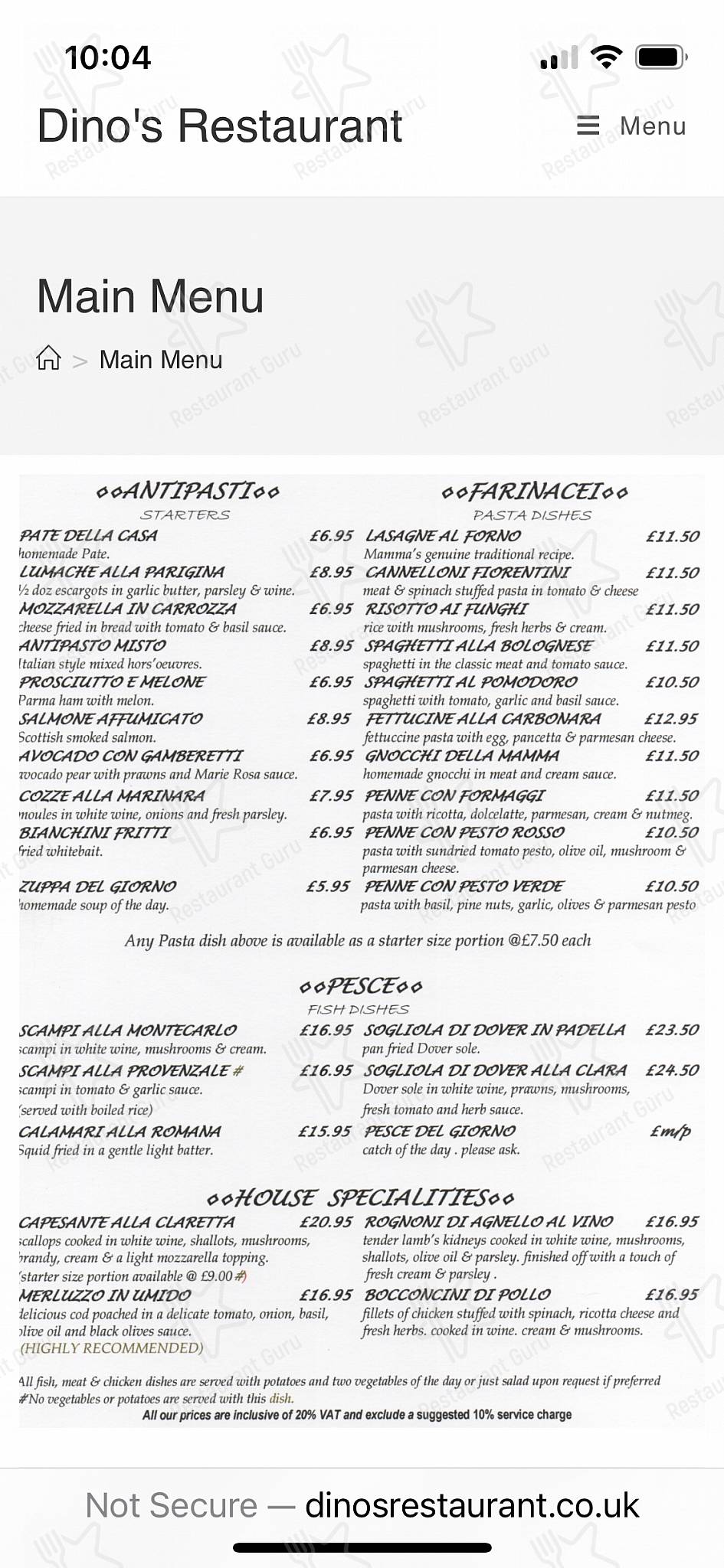 Menu at Dino's Italian Restaurant, Dover