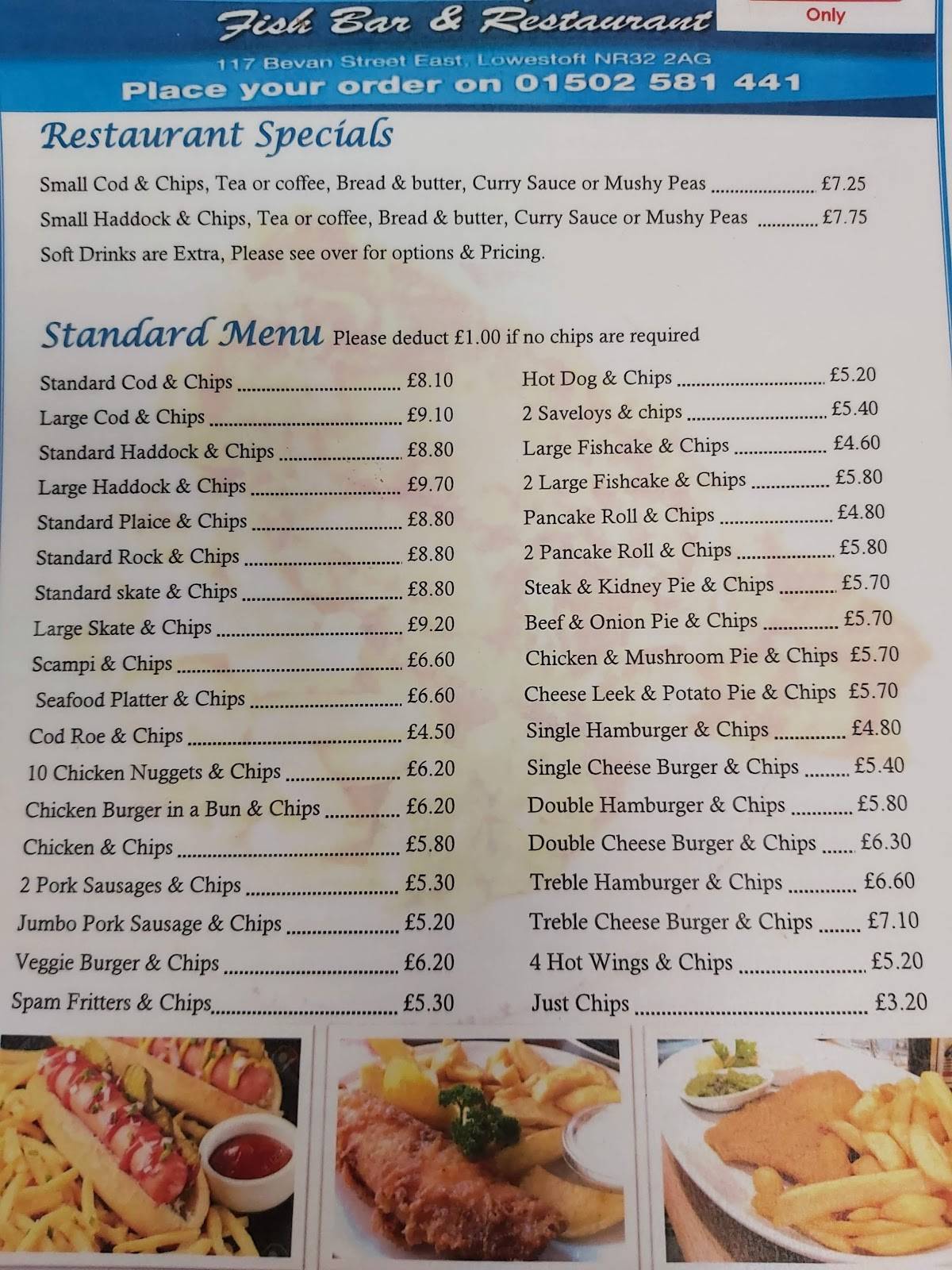 Menu at Dolphin fish bar and restaurant, Lowestoft