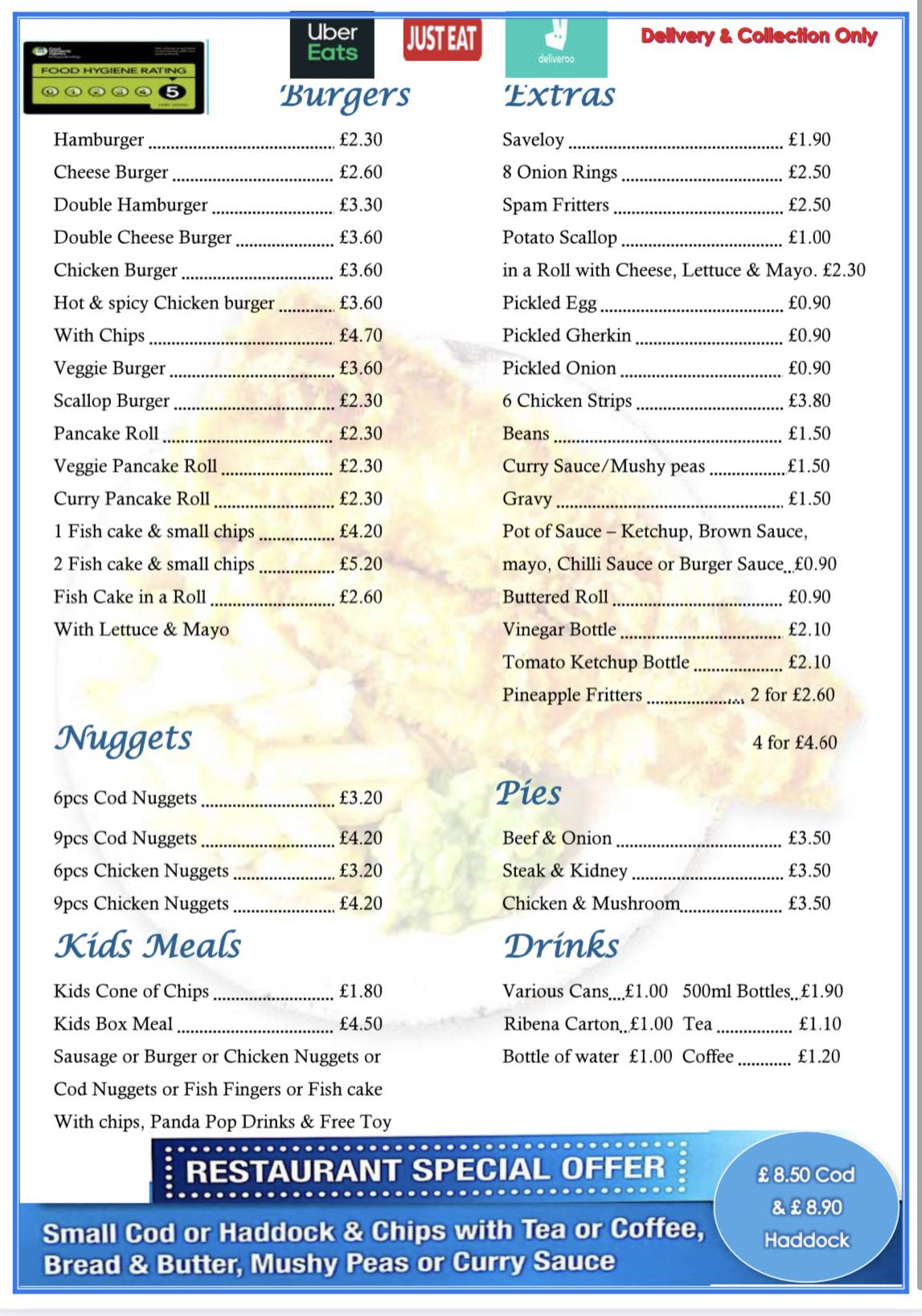 Menu at Dolphin fish bar and restaurant, Lowestoft