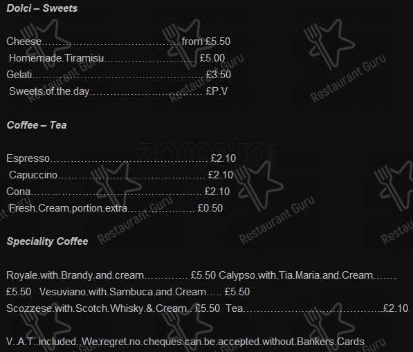 Menu at Caprese Don Costanzo restaurant, Glasgow