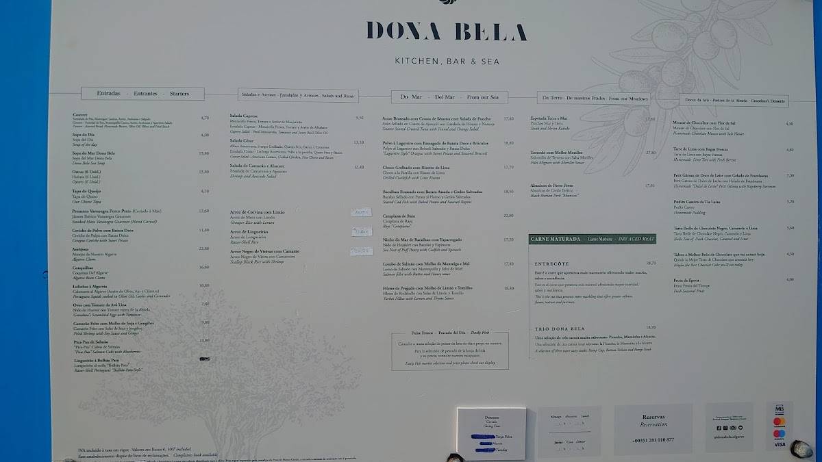 Menu at Dona Bela restaurant, Monte Gordo