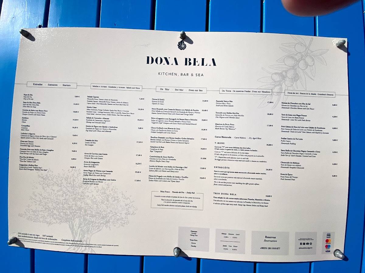 Menu at Dona Bela restaurant, Monte Gordo