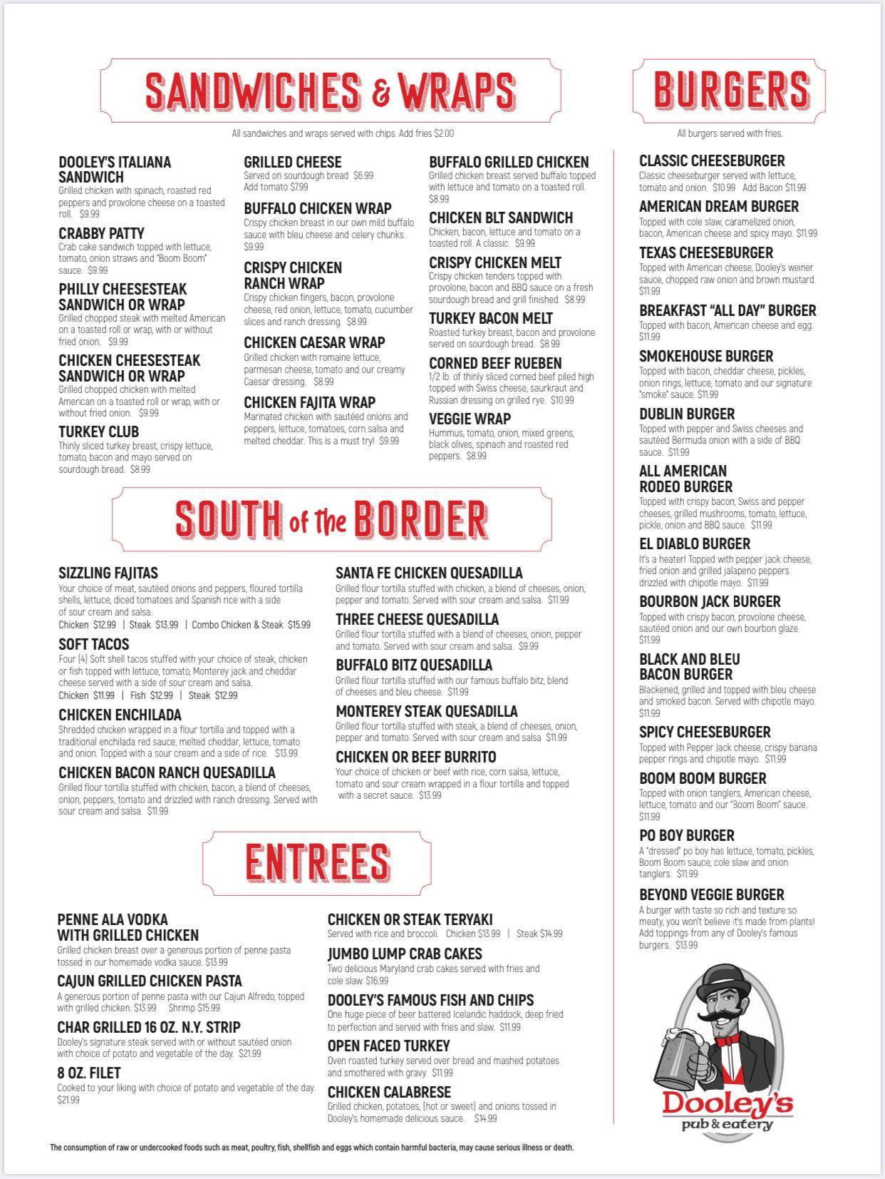 Menu at Dooley's Pub & Eatery, Old Forge