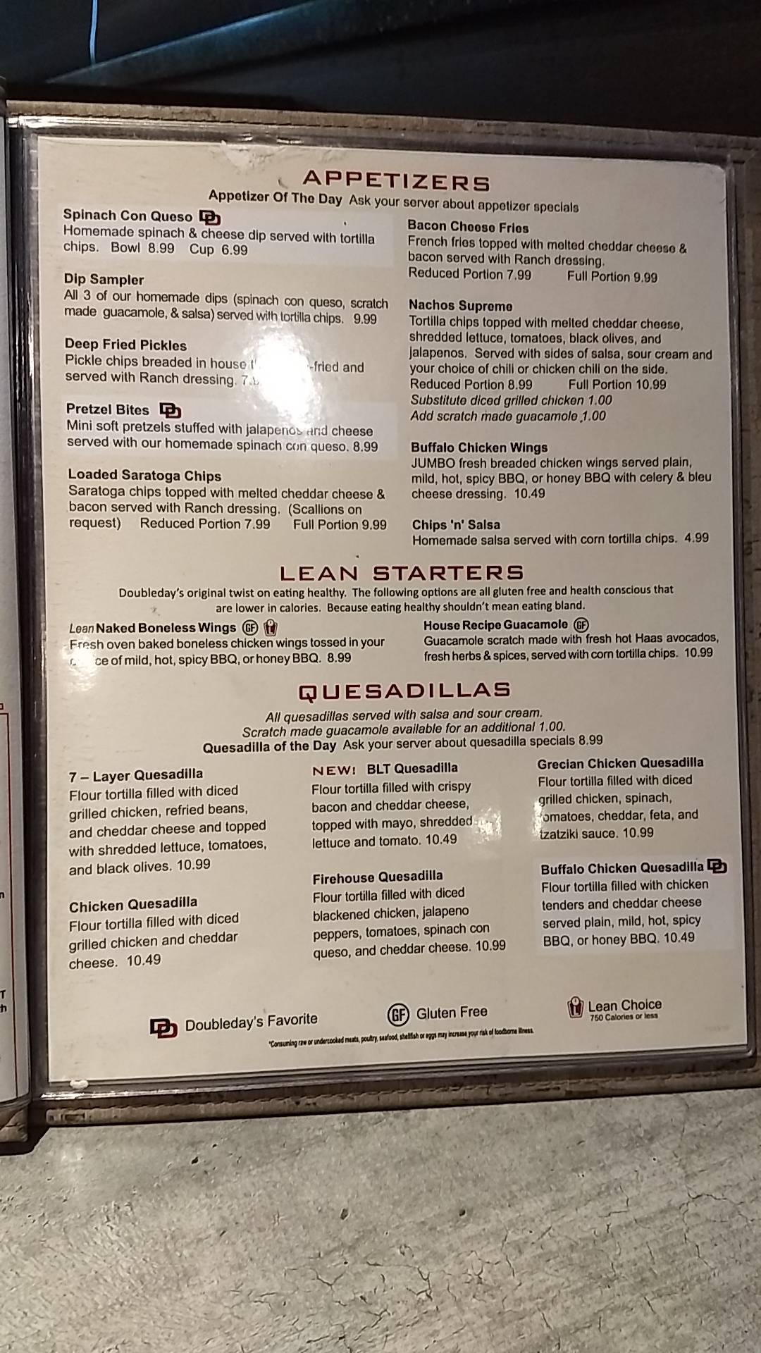 Menu at Doubleday's Grill &Tavern pizzeria, Springboro