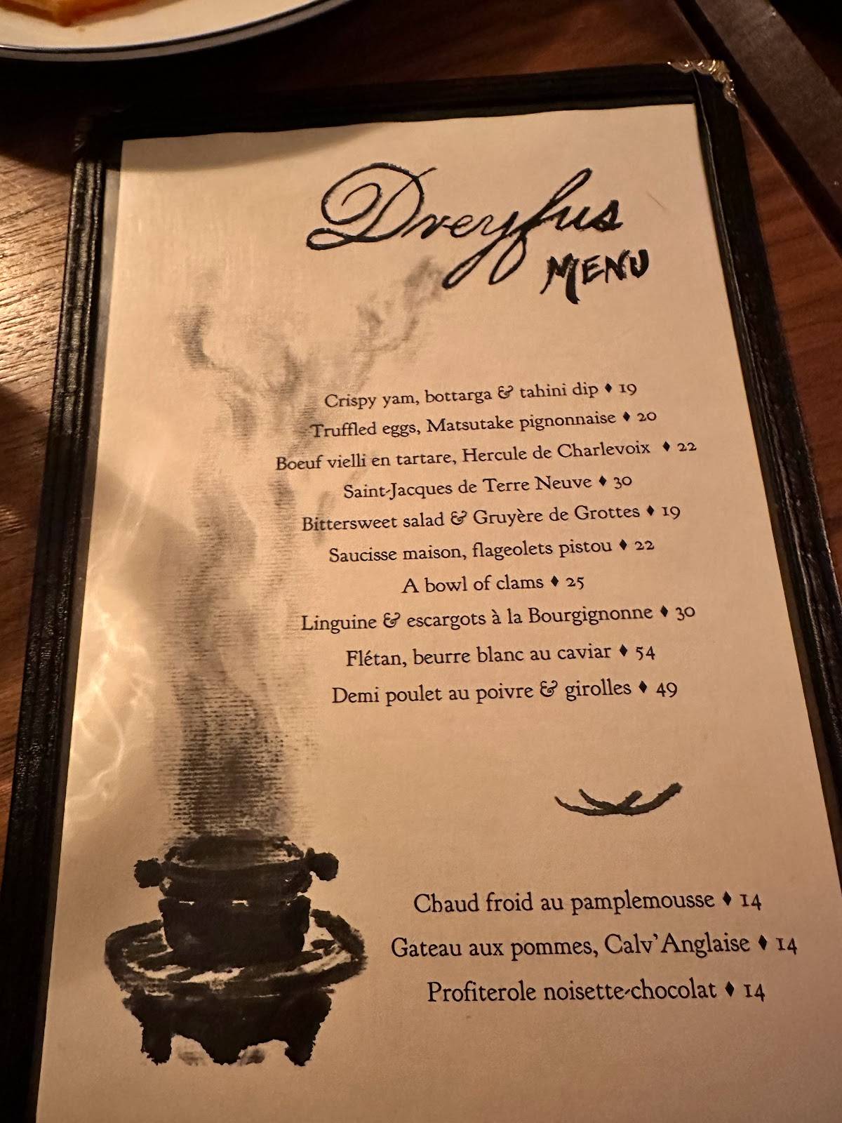 Menu at Dreyfus restaurant, Toronto, 96 Harbord St