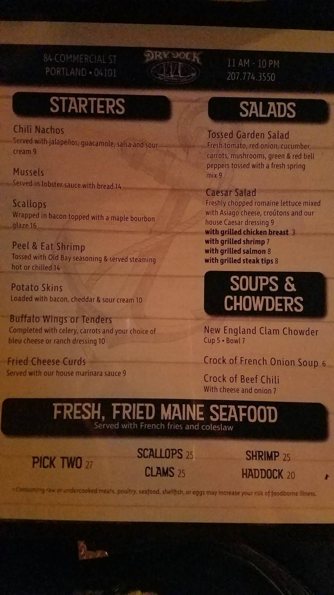 Menu at Dry Dock Restaurant Tavern, Portland