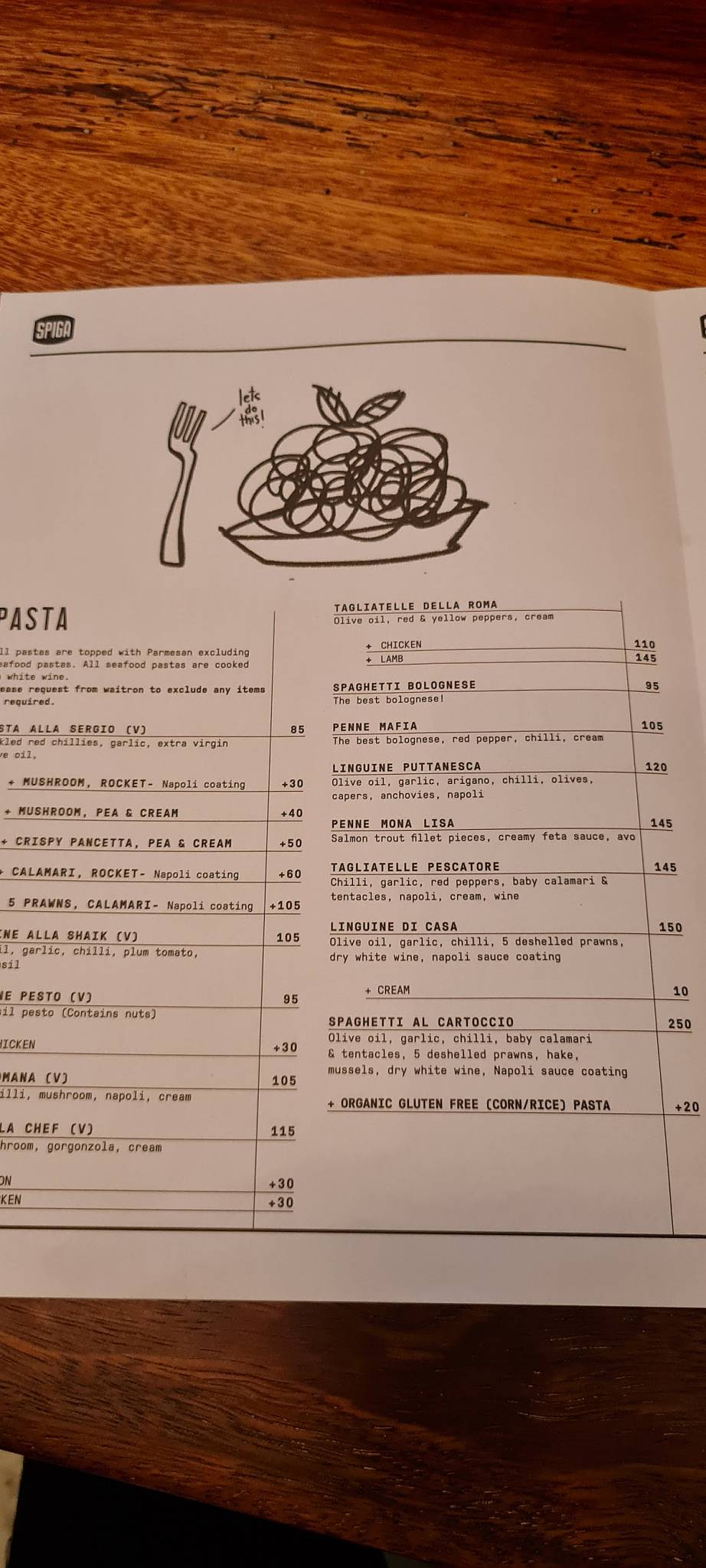 Menu at Spiga restaurant, Durban, 465 Innes Rd