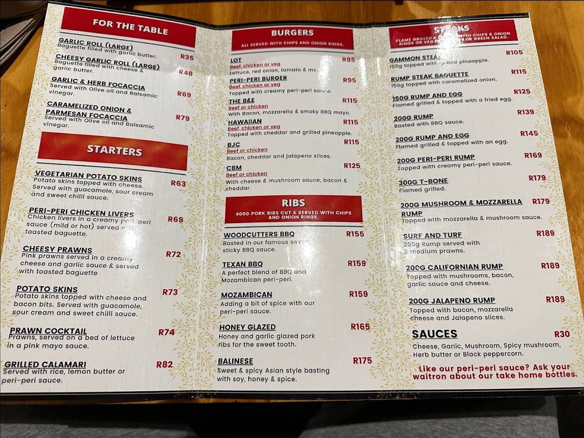Menu at Woodcutters Restaurant, Durban