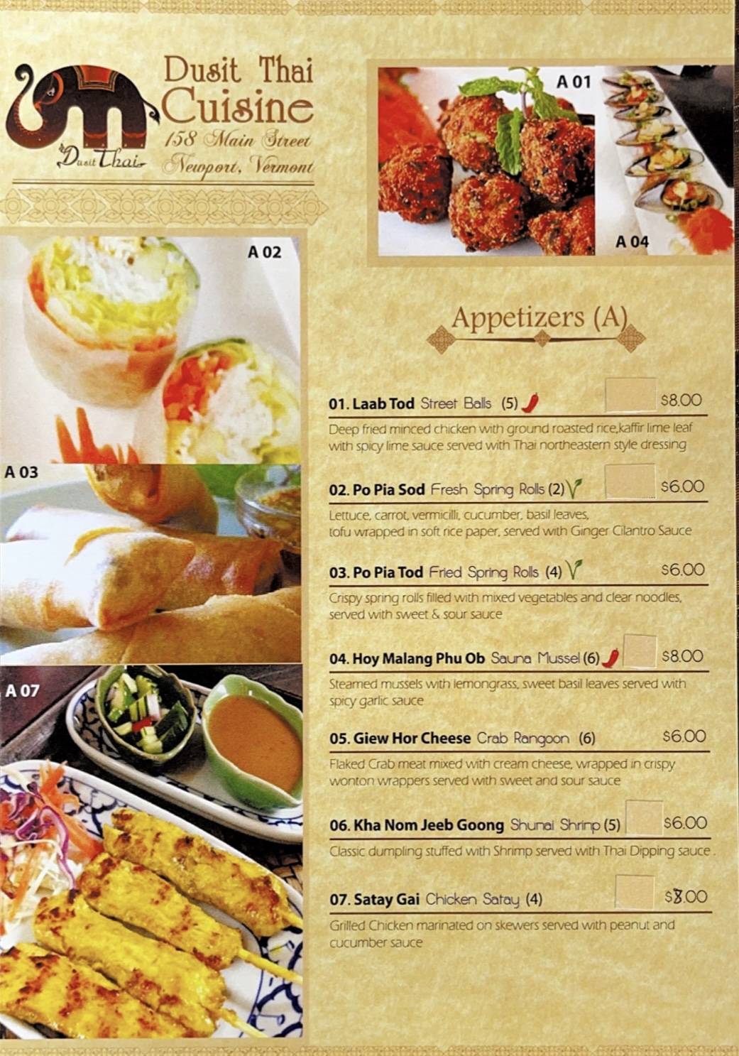 Menu at Dusit Thai Cuisine restaurant, Newport