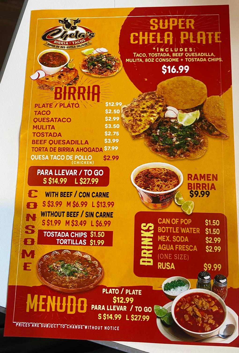 Menu at Chela's Birria Tacos restaurant, Whiting