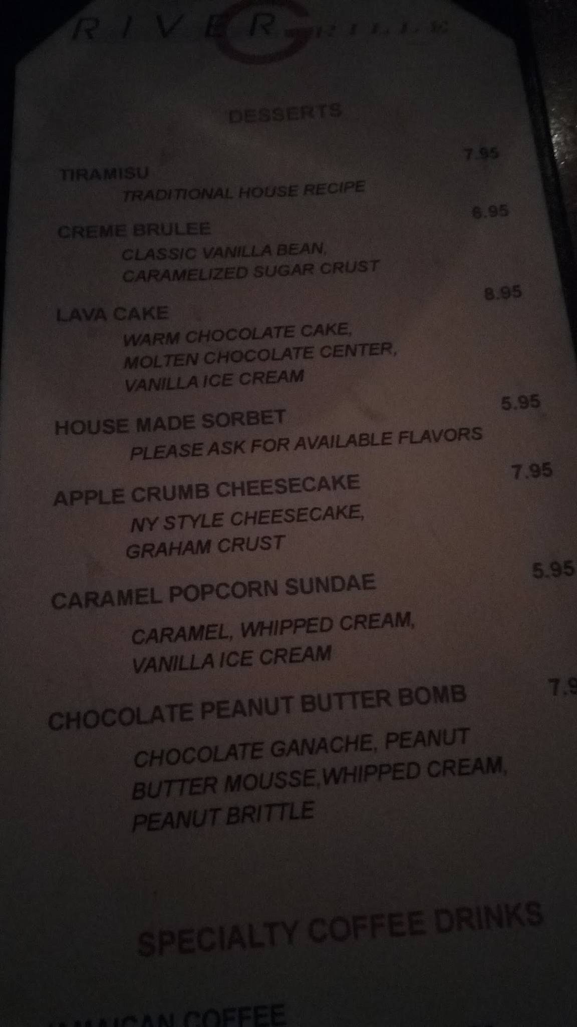 Menu at River Grille restaurant, Easton