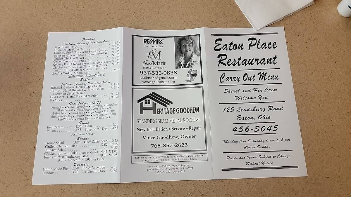 Menu at Eaton Place Restaurant, Eaton, 125 Eaton Lewisburg Rd